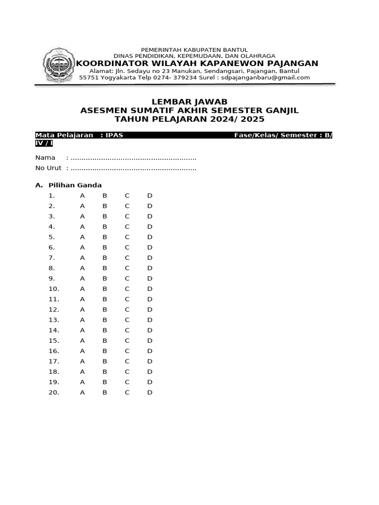 Lembar Jawab ASAS IPAS Kls IV - Semester Ganjil | PDF