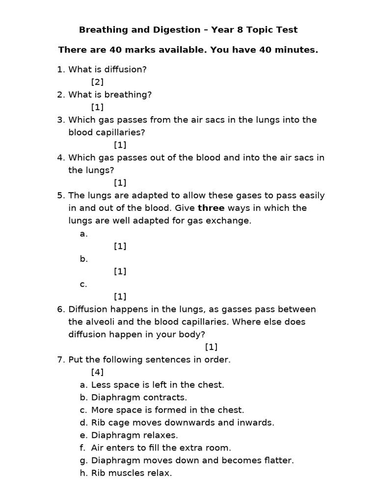 Year 8 Breathing & Digestion Test | PDF | Science & Mathematics