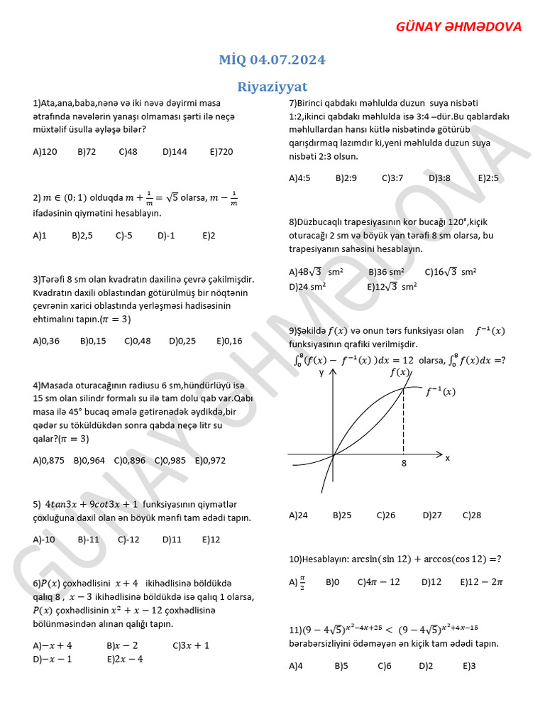 Miq 2024 Riyaziyyat | PDF