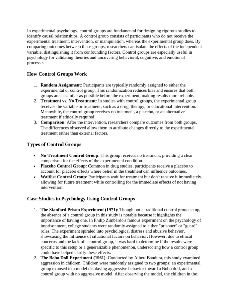 Control Groups in Psychology Studies | PDF | Treatment And Control Groups | Experiment