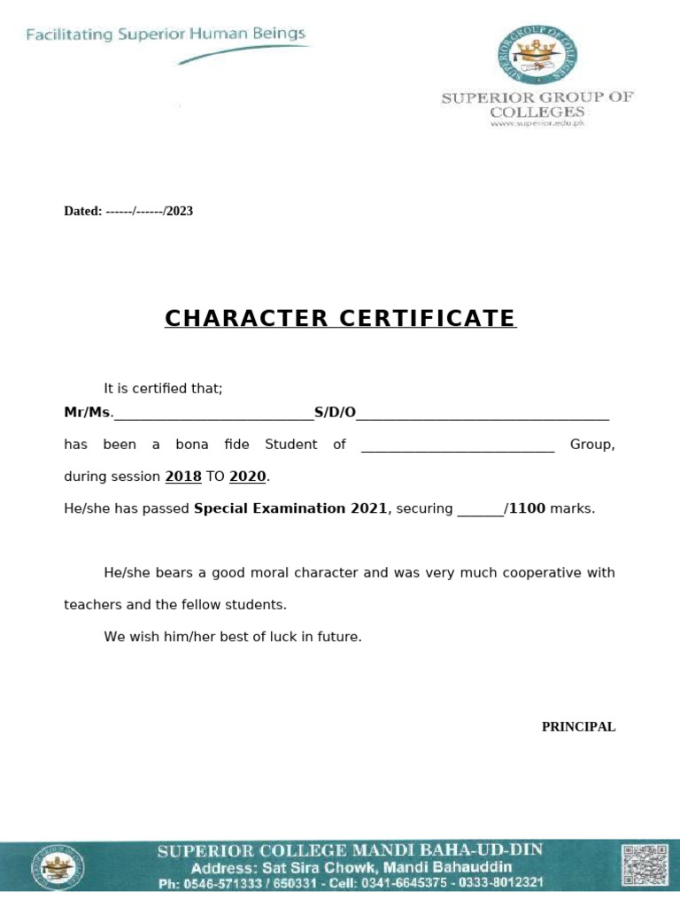 Student Character Certificate Format | PDF