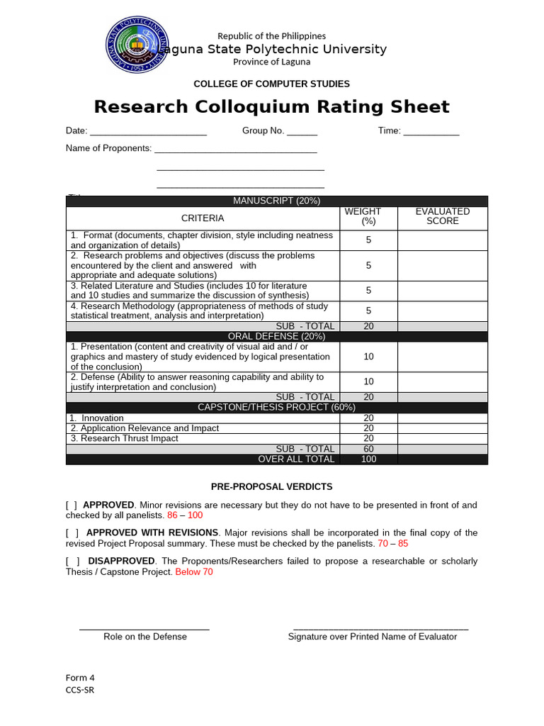 Research Colloquium Rating Sheet: Laguna State Polytechnic University ...