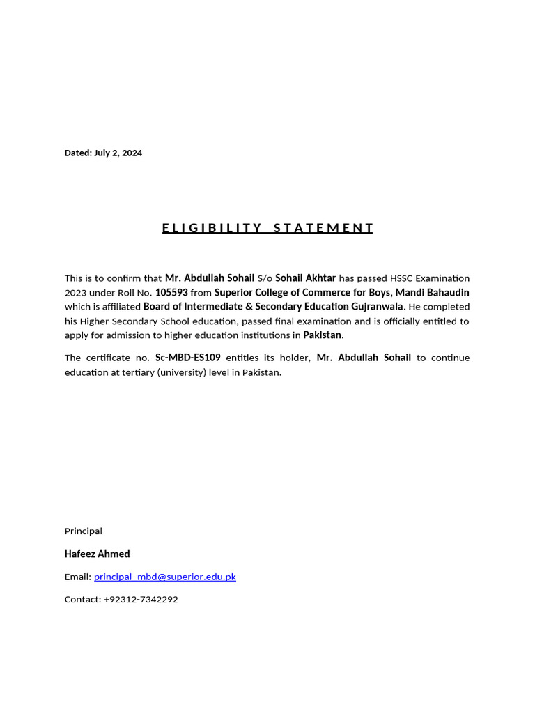 Eligibility Statement Latter | PDF | Career & Growth