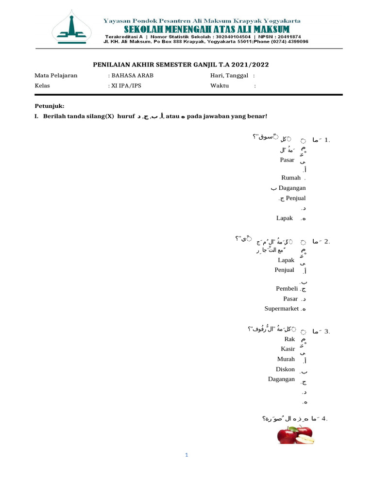 Soal PAS Ganjil Bahasa Arab Kelas XI | PDF