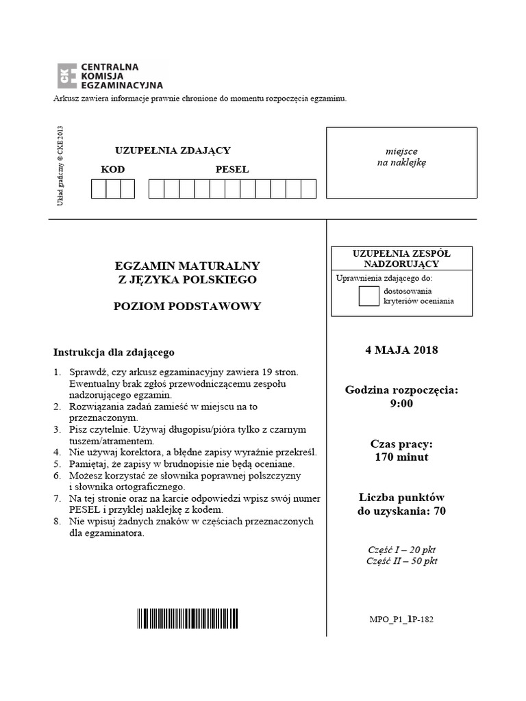 Uzupe Nia Zdaj CY Kod Pesel: Egzamin Maturalny ZJ Zyka Polskiego Poziom Podstawowy | PDF