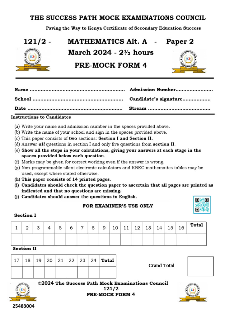 Maths Pp2 Qs Pre-Mock 2024. | PDF | Mathematics
