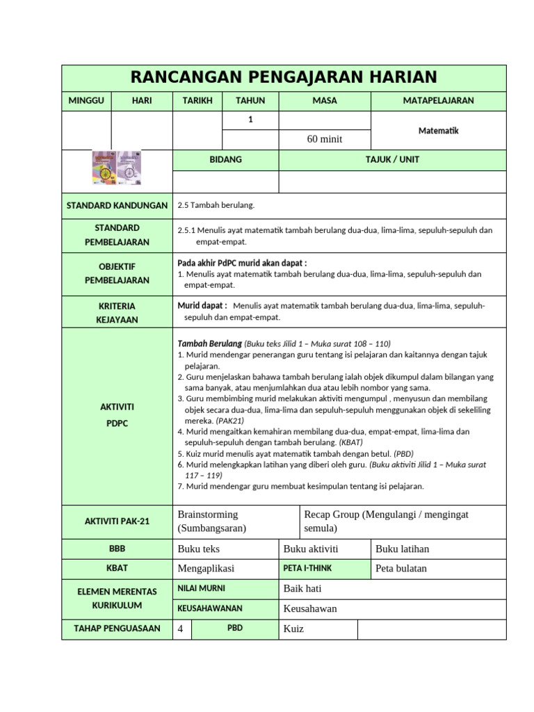 CTH Rancangan Pengajaran Harian | PDF | Metode & Bahan Ajar