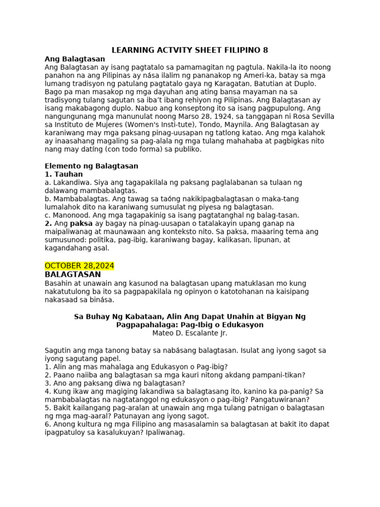 Learning Actvity Sheet Filipino 8 | PDF