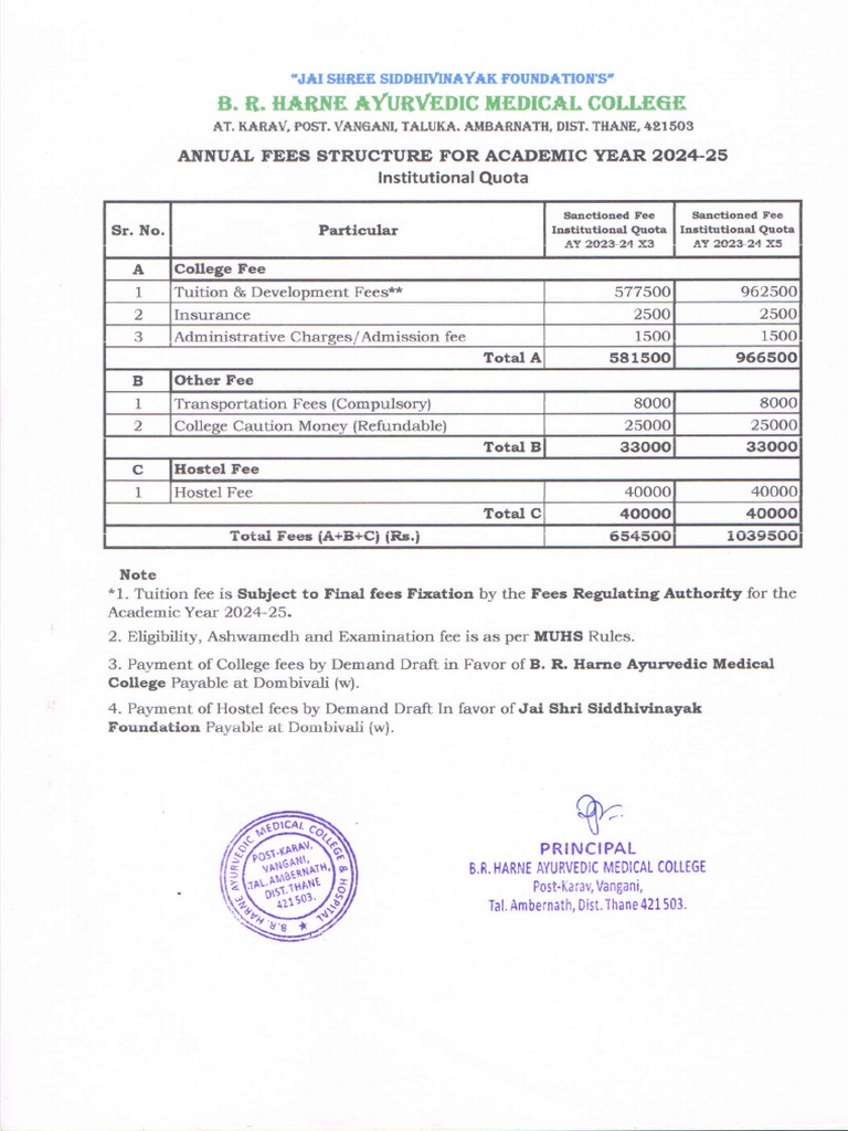 ANNUAL FEES STRUCTURE FOR Institutional & NRI QUOTA AY 2024-25 | PDF
