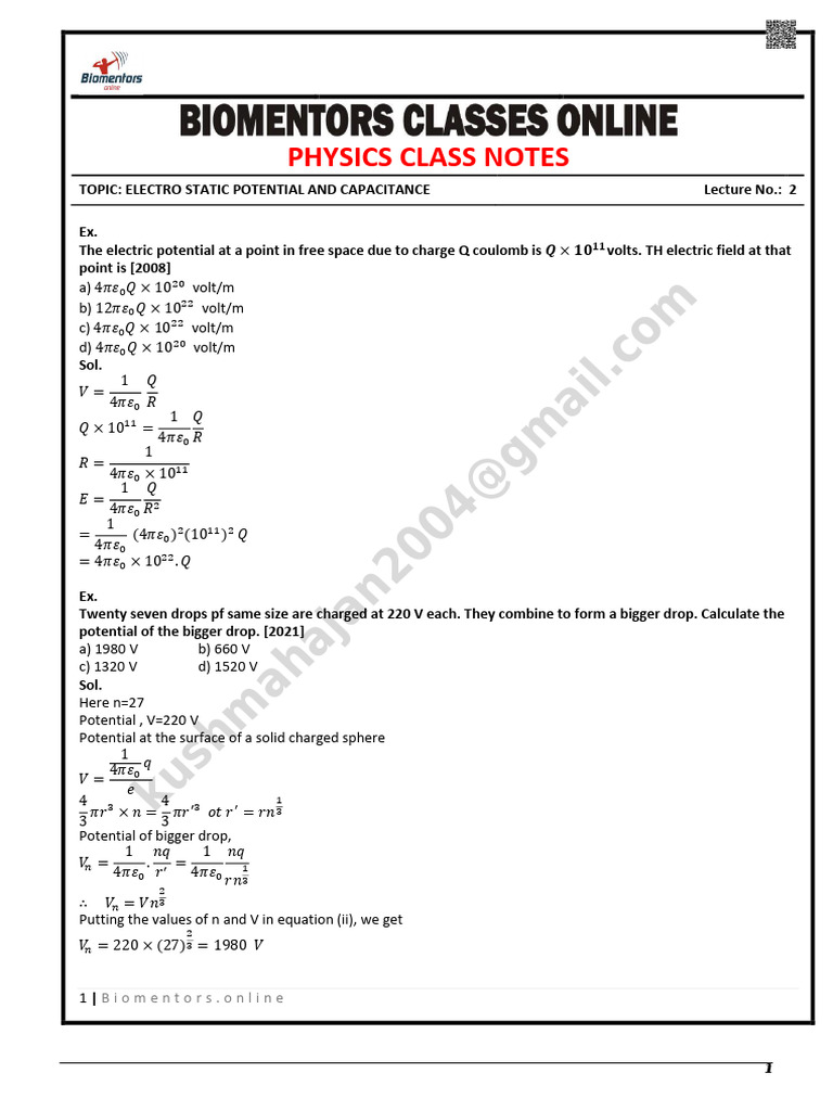 Electrostatic Potential and Capacitance Lecture - 2 Notes | PDF ...
