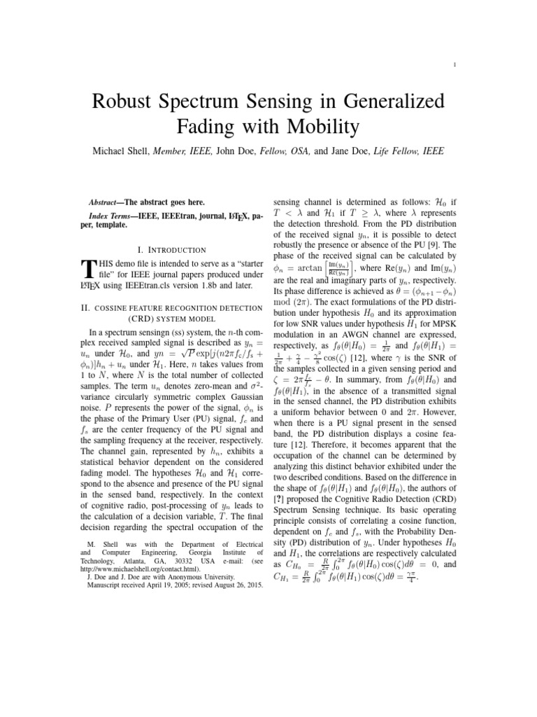Robust Spectrum Sensing in Generalized Fading With Mobility | PDF