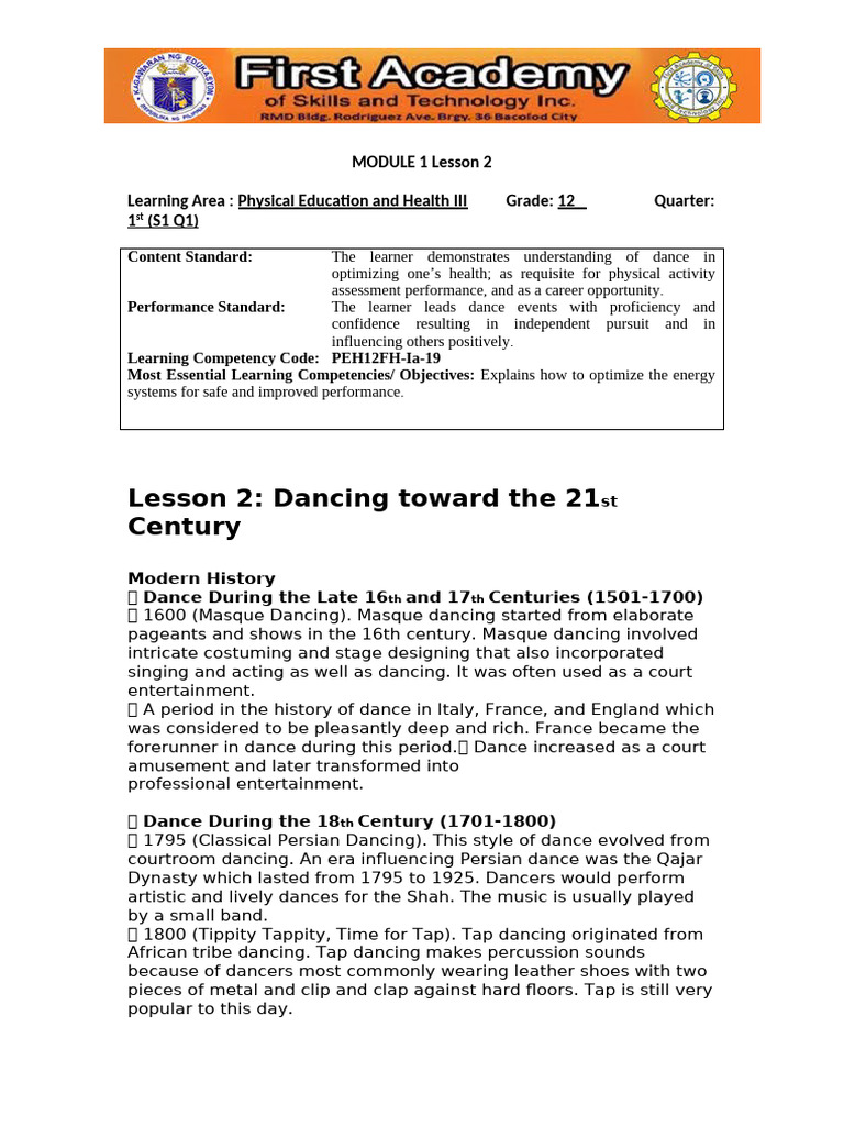 PE III Module 1 Lesson 2 | PDF | Dances | Performing Arts