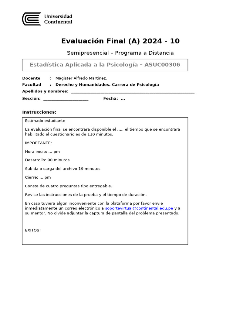 Exa Final EAPs 2024 10 Ver2 | PDF | Prueba de ji cuadrado | Estadísticas