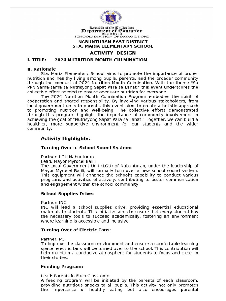 Activity Design-Nutrition Culmination | PDF