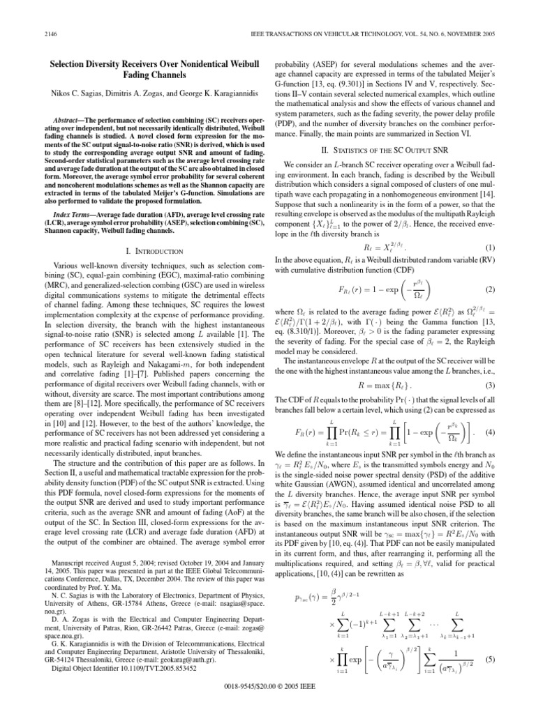 Selection Diversity Receivers Over Nonidentical Weibull Fading Channels ...