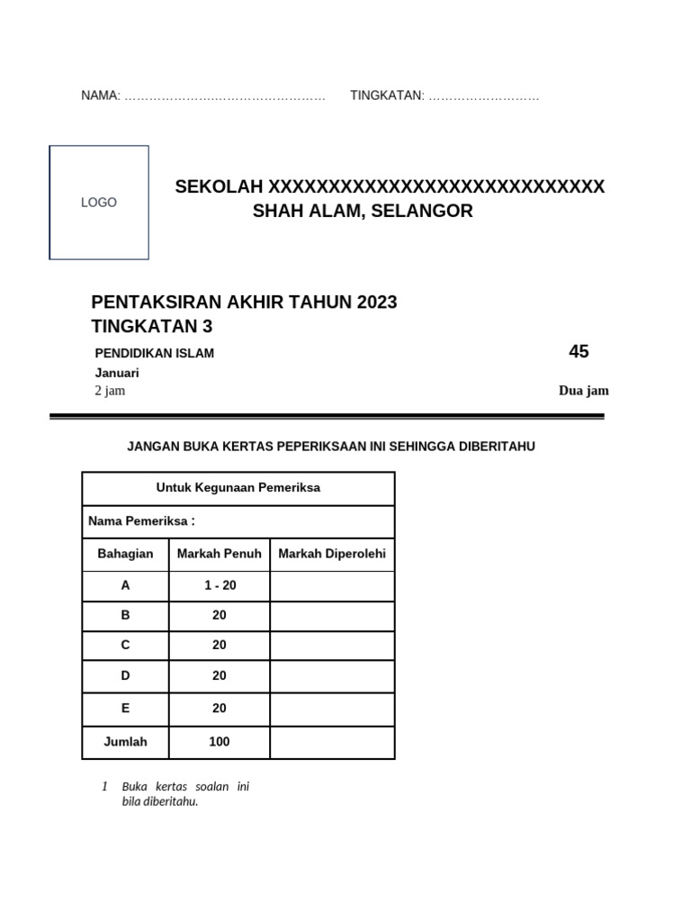 Set 1 Uasa Kendiri F3 Soalan | PDF