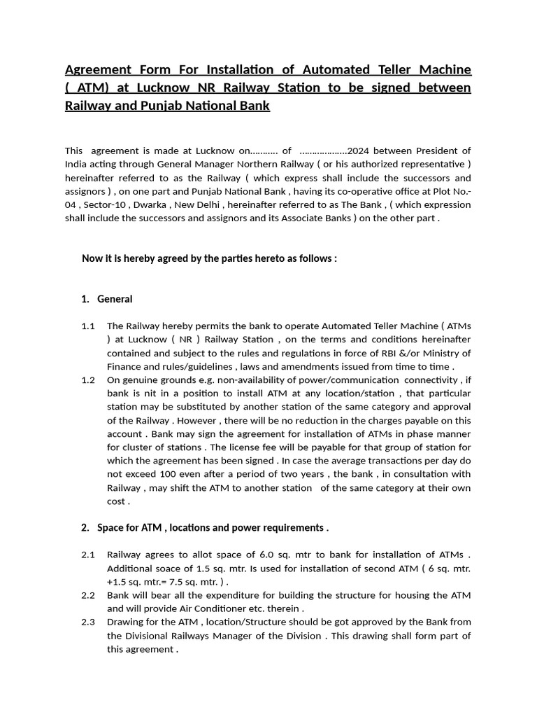 ATM Installation Agreement at Lucknow Station | PDF | Banks | License
