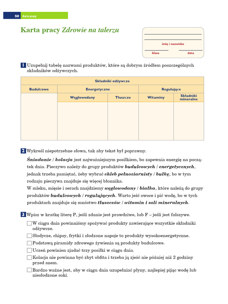 Karta Pracy Zdrowie Na Talerzu | PDF