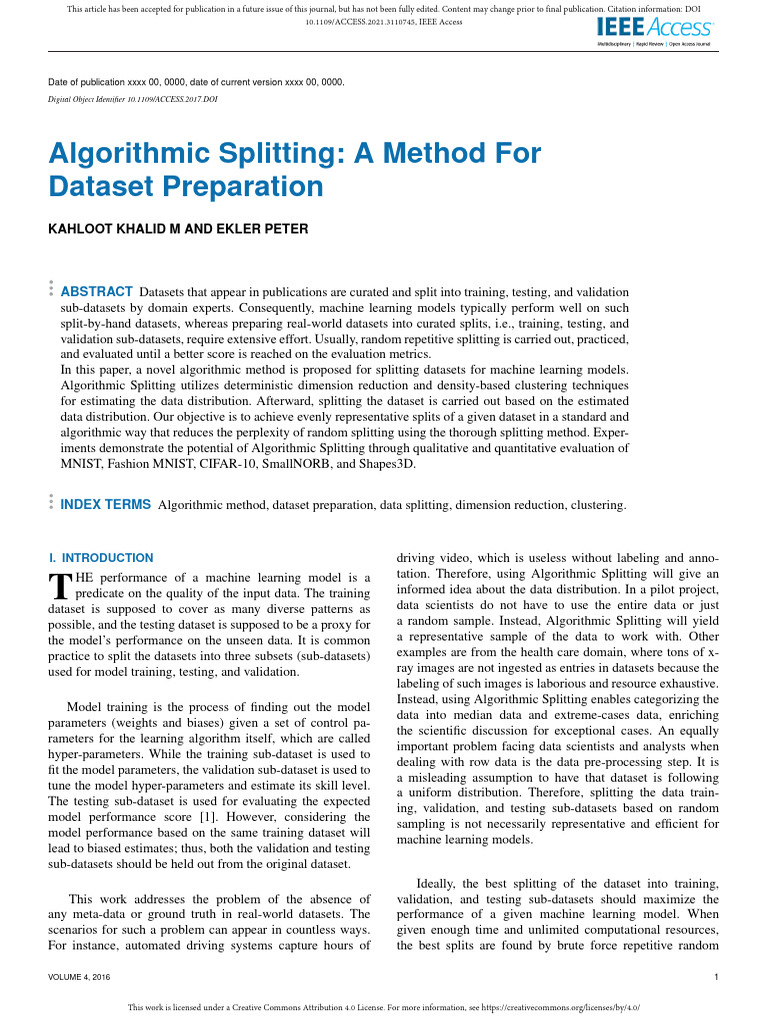 Algorithmic Splitting A Method For Dataset Prepara | PDF | Cluster Analysis | Machine Learning