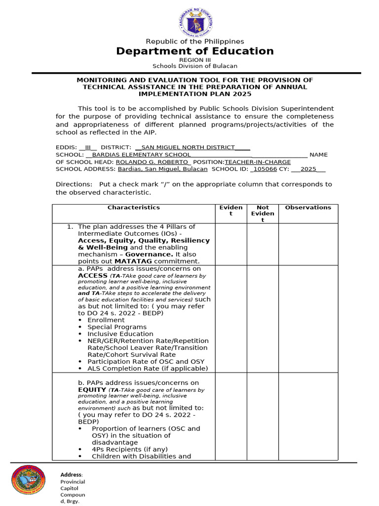 Monitoring and Evaluation Tool For The Provision of Technical ... Monitoring and Evaluation Tool For The Provision of Technical ...