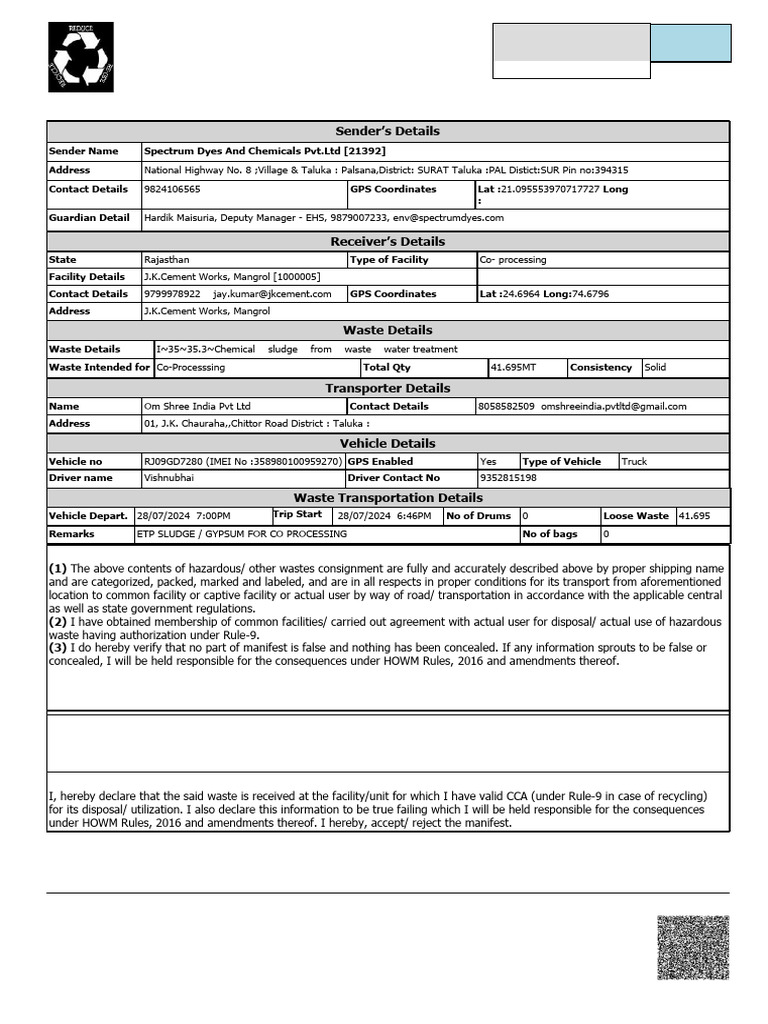 Hazardous Waste Transport Manifest | PDF | Waste | Pollution
