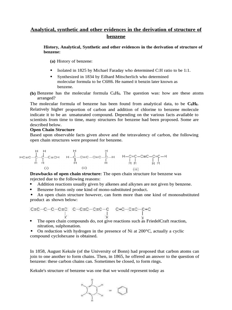 Analytical, Synthetic and Other Evidences in The Derivation of Structure of Benzene | PDF ...