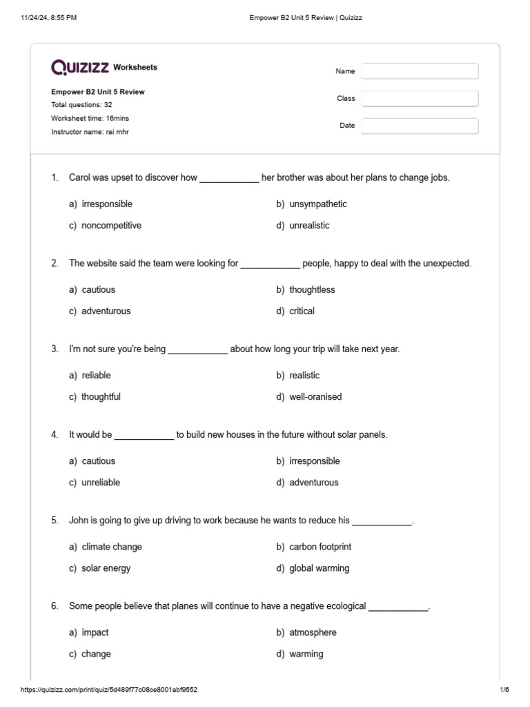 Empower B2 Unit 5 Review - Quizizz | PDF | Climate Change | Human Impact On The Environment