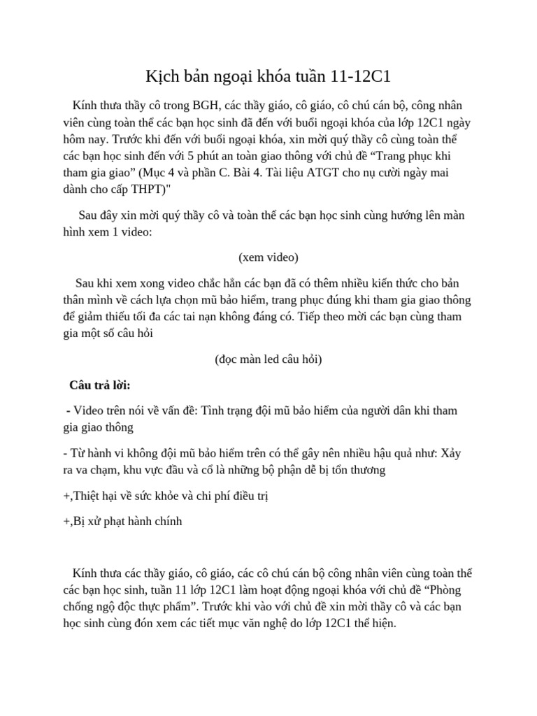 kịch bản ngoại khóa tuần 11-12c1 | PDF