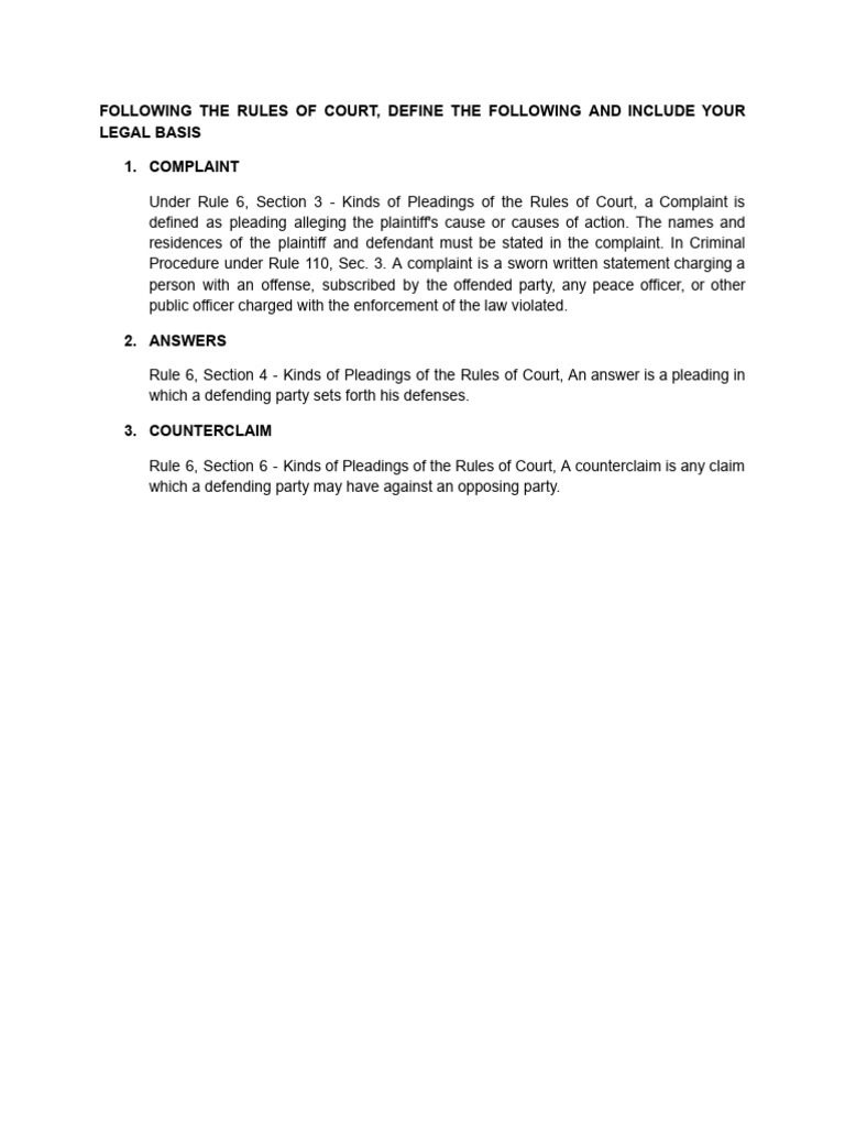 Legal Definitions of Court Pleadings | PDF | Politics