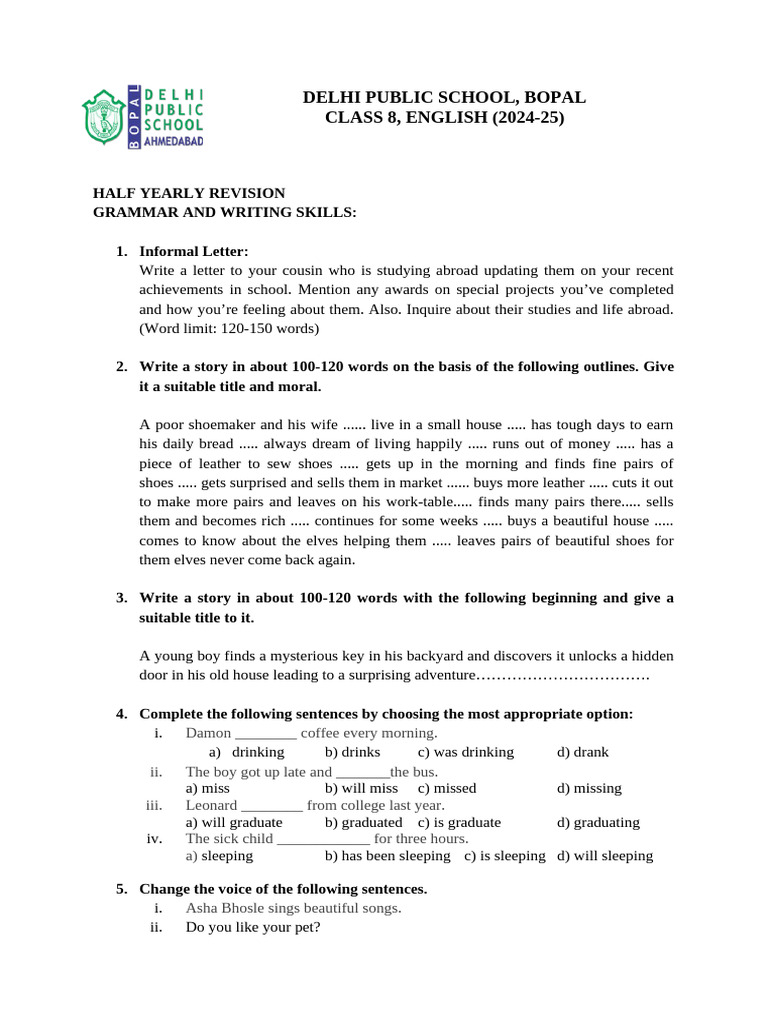 Revision Day 1 - GR and Writing Skills - Grade 8 | PDF