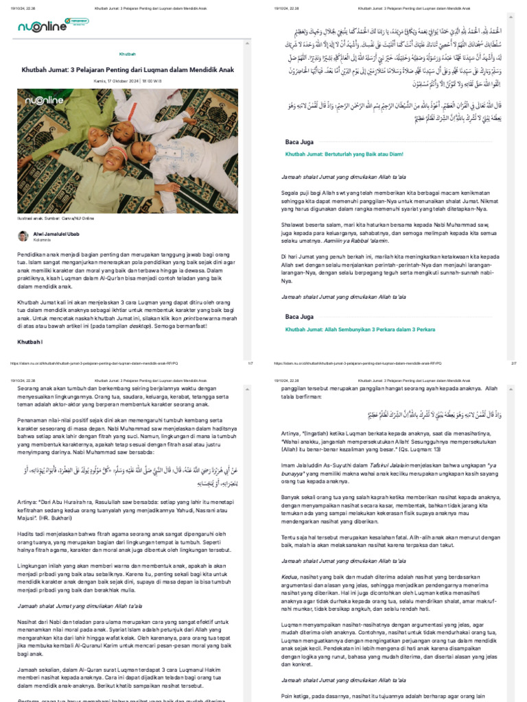 Khutbah Jumat - 3 Pelajaran Penting Dari Luqman Dalam Mendidik Anak | PDF