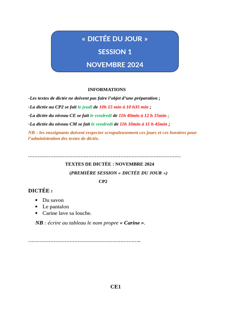 Dictées du jour pour CP2 et CE1-CE2 | PDF | Études des langues ...