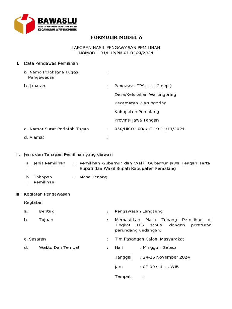 Form A Pengawasan Pilkada 2024 - (Masa Tenang) | PDF