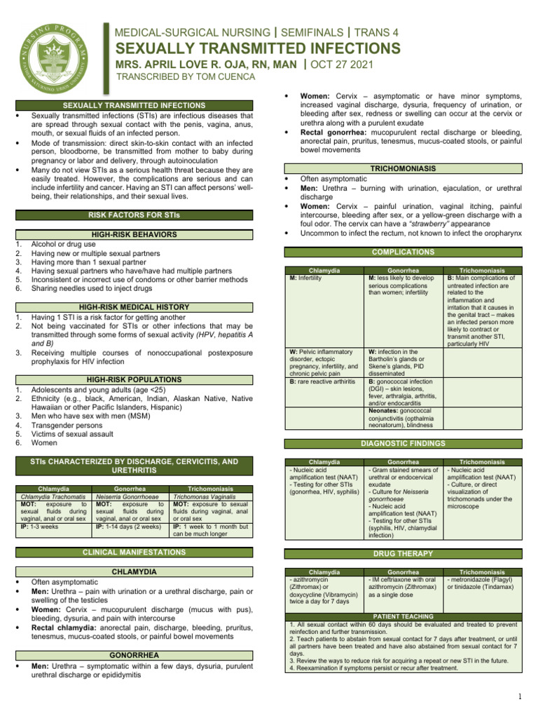[MS] Trans 4 - Sexually Transmitted Infections | PDF | Sexually Transmitted Infection | Clinical ...