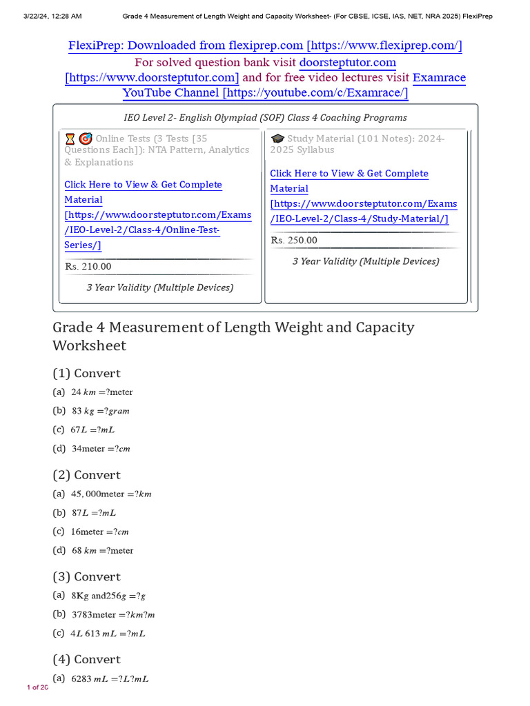 Grade 4 Measurement of Length Weight and Capacity | PDF | Metrology