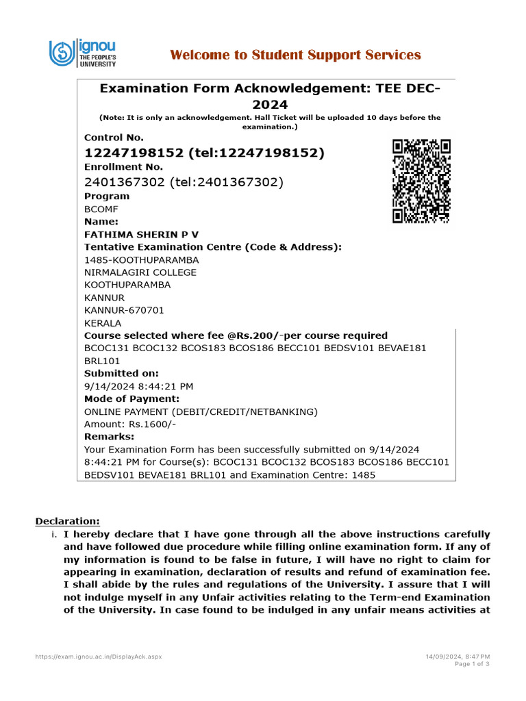 IGNOU - Examination Form Acknowledgement | PDF