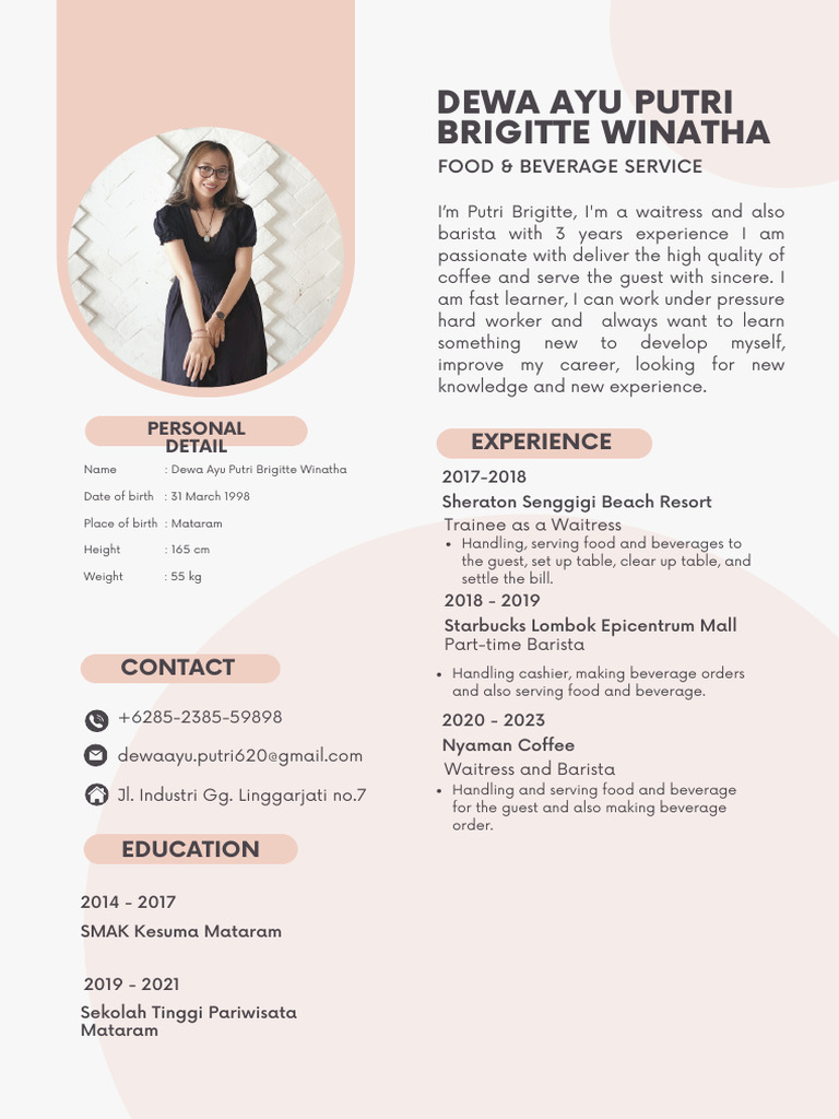 Dewa Ayu Putri Brigitte Winatha: Experience | PDF | Coffee | Drink