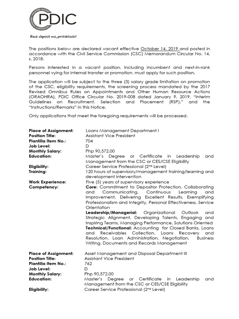 10.14.19 Job Posting Pdic Website | PDF | Leadership | Human Resource ...