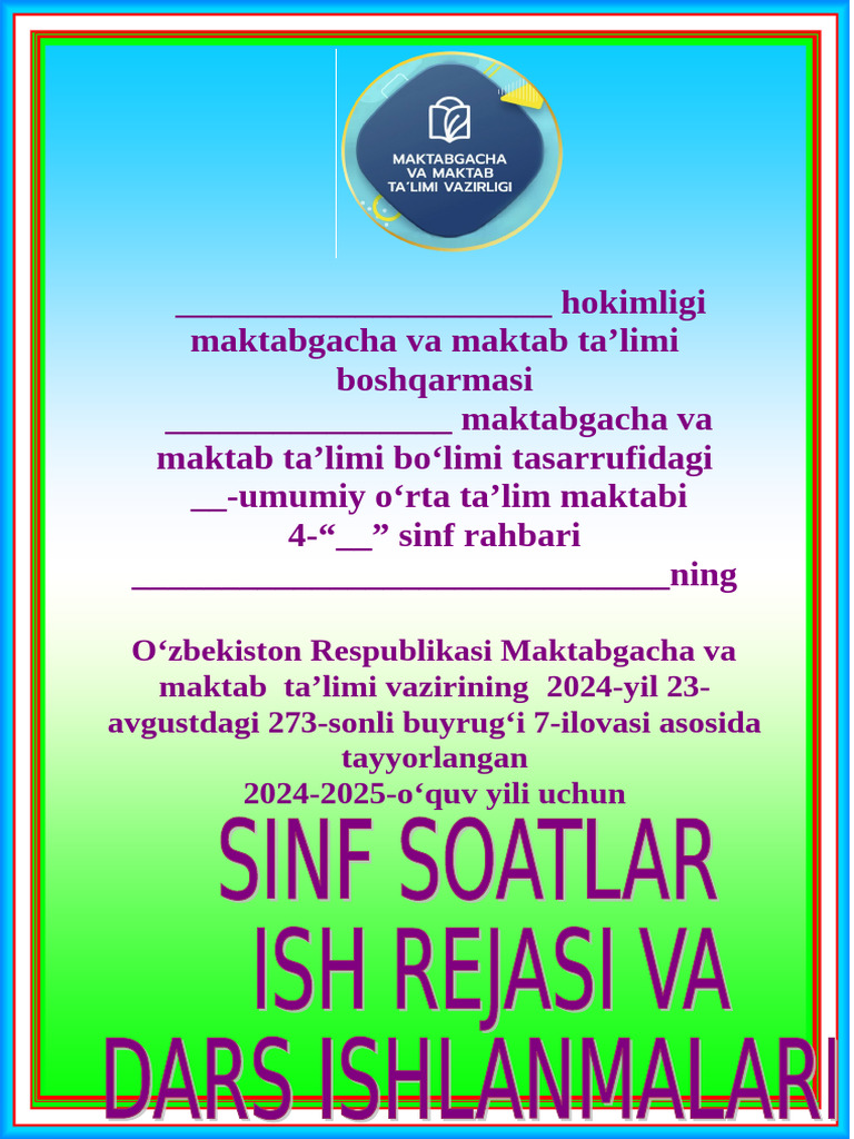 4 Sinf Sinf Soati Ish Reja Va Konspekti 2024 2025 y N | PDF