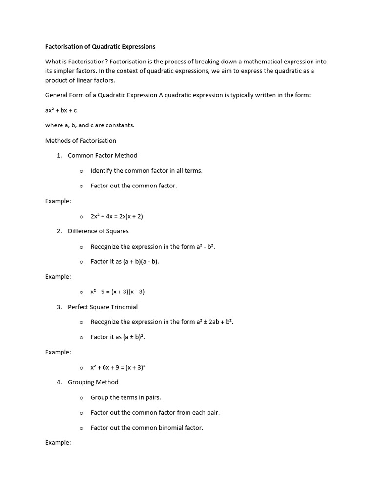 Factorising Quadratic Expressions Guide | PDF | Factorization | Elementary Mathematics