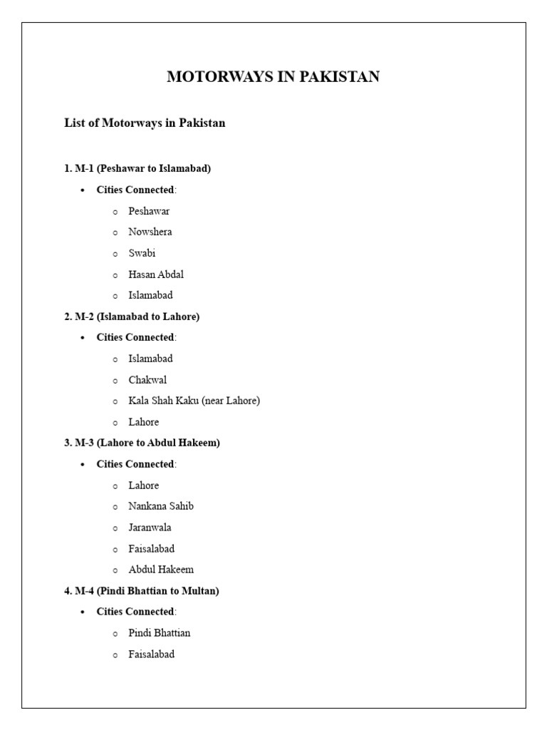 List of Motorways in Pakistan | PDF