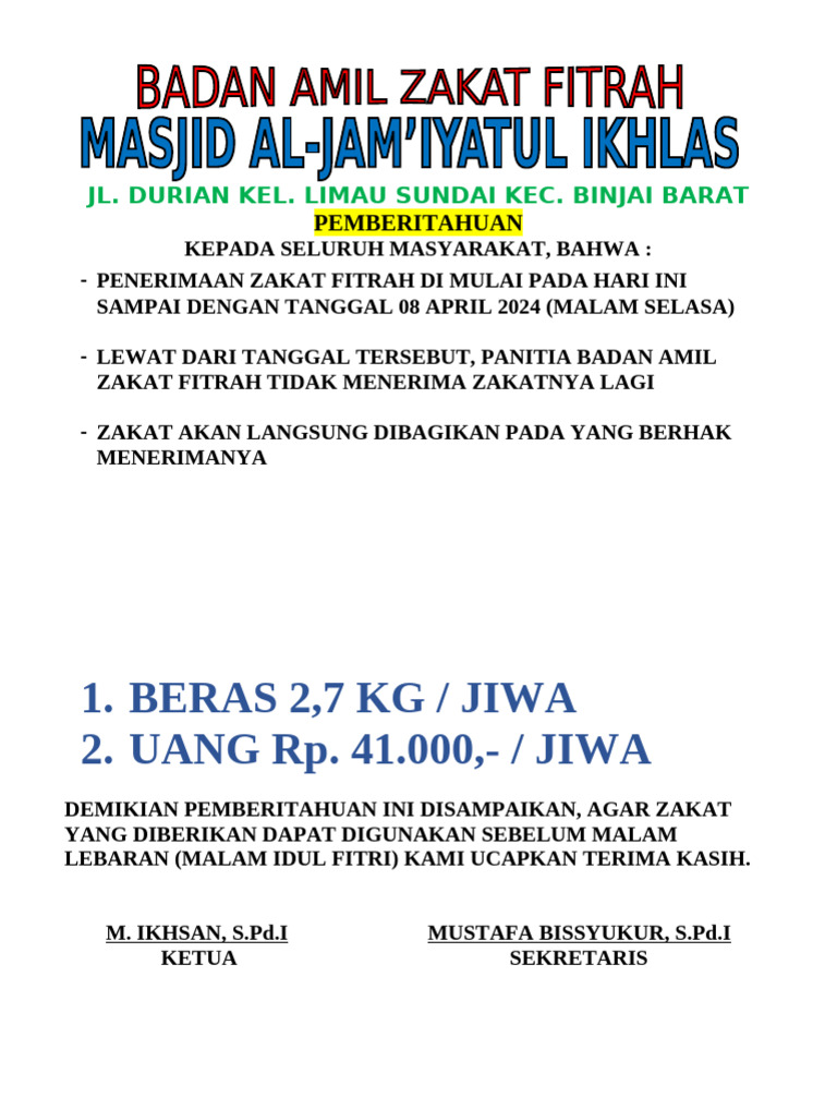 Badan Amil Zakat Fitrah Masjid Al-jam'Iyatul Ikhlas | PDF | Agama ...