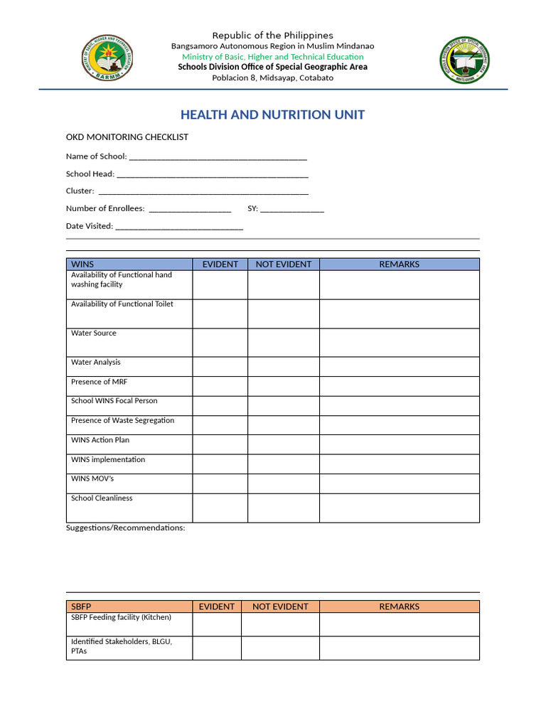 School Health and Nutrition Checklist | PDF | Health Care | Medicine