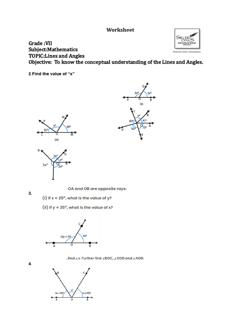 Lines and Angles Worksheet | PDF
