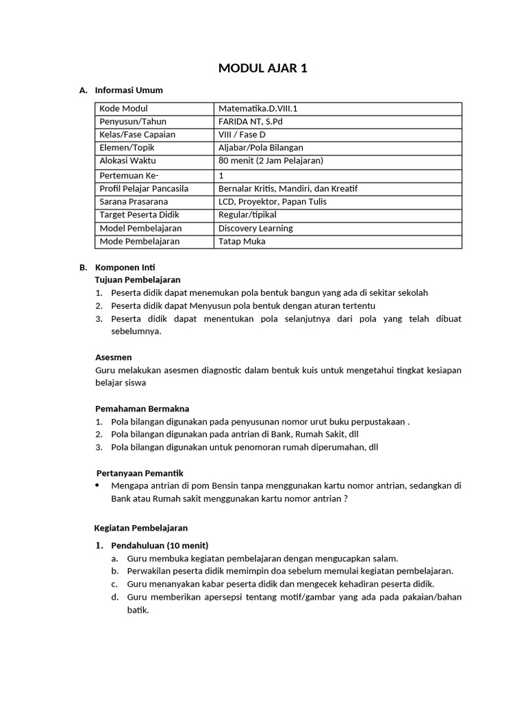 Modul Ajar Pola Bilangan | PDF