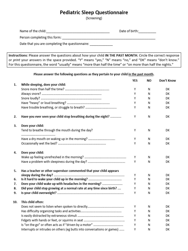Pediatric Sleep Questionnaire: Print | PDF | Sleep