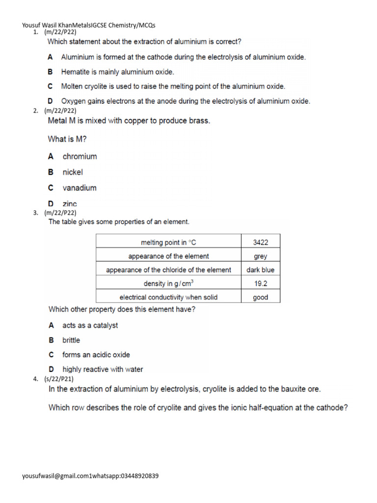 IGCSE Chemistry MCQs: Metals | PDF