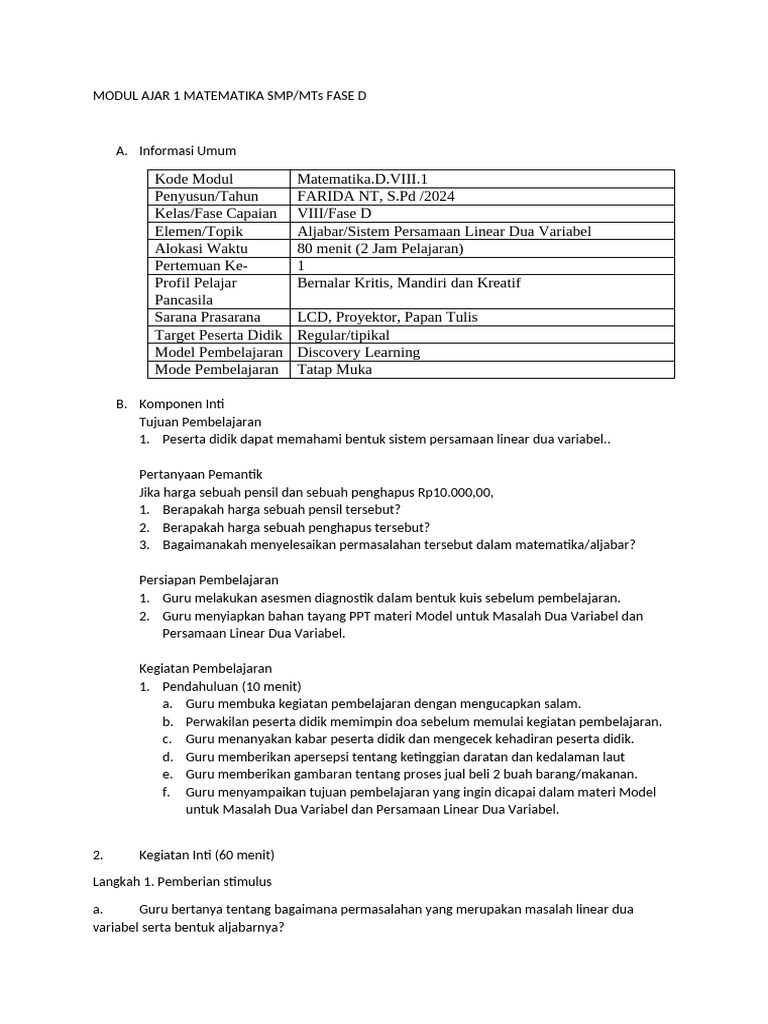 Modul Ajar SPLDV | PDF