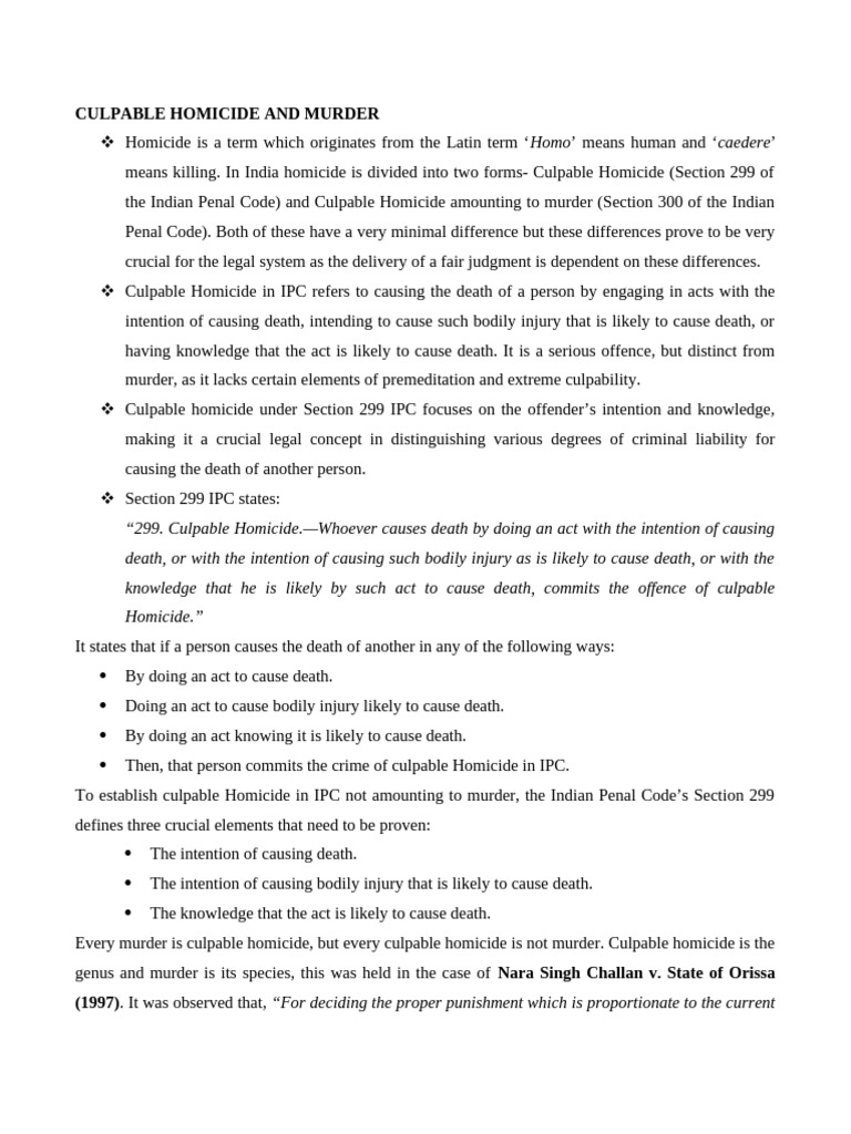 Culpable Homicide and Murder | PDF | Murder | Mens Rea