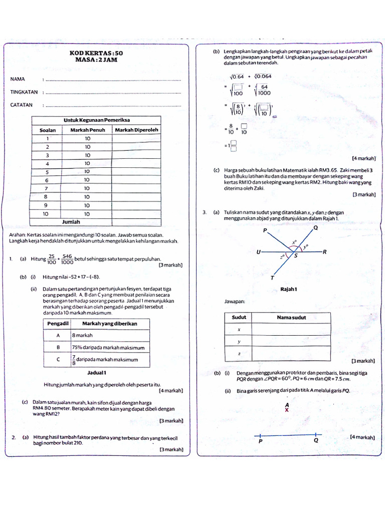 2017 M3 Percubaan Tutor PT3 Set 1 | PDF